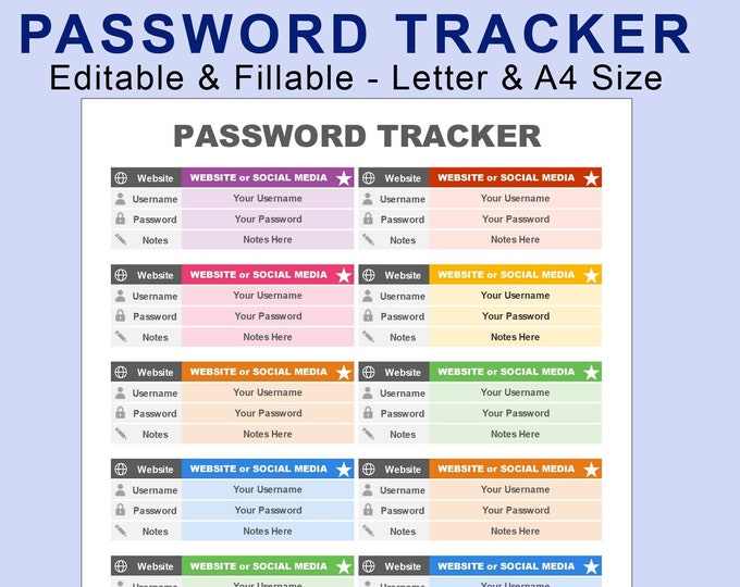 EXCEL Password Tracker Spreadsheet Template. Password Book. Password ...