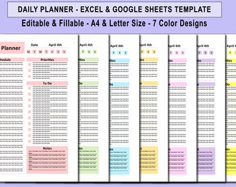 Printable Daily Planner Editable Fillable. EXCEL and Google Sheets ...