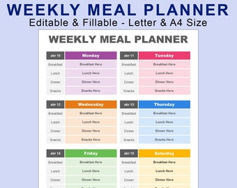 Weekly Menu Planner Printable Editable Fillable. Daily Meal Planner ...