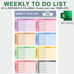 EXCEL Spreadsheet Template: to Do List Printable, to Do List Edtiable ...
