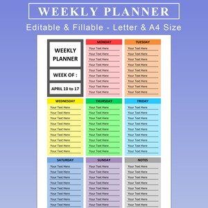 Weekly Planner Editable Fillable Printable. Weekly Planning. Weekly ...