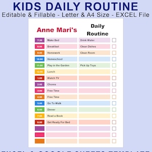 Editable Daily Routine Checklist Kids for EXCEL. Printable Fillable ...