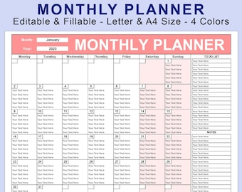 Printable Monthly Planner Editable Fillable. EXCEL Spreadsheets ...