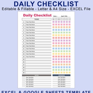 Daily Checklist Tasks for EXCEL. Printable Editable Fillable. Weekly ...