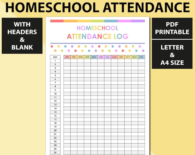 Homeschool Attendance Log Printable, Homeschool Planner, Teacher ...