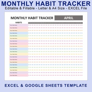 Monthly Habit Tracker. EXCEL Spreadsheet Template. Editable - Printable - Fillable. Monthly ...