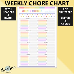 Printable Kids' Weekly Chores Chart, Chore Chart for Children, Weekly ...