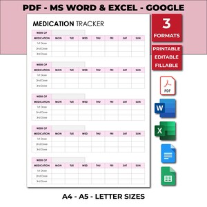 Medication Tracker. Monthly Medication Tracker. PDF Printable Fillable. MS Word Excel Printable ...