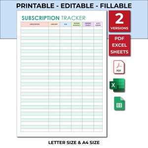 PDF Printable Editable Fillable Subscription Tracker Printable. Rainbow ...