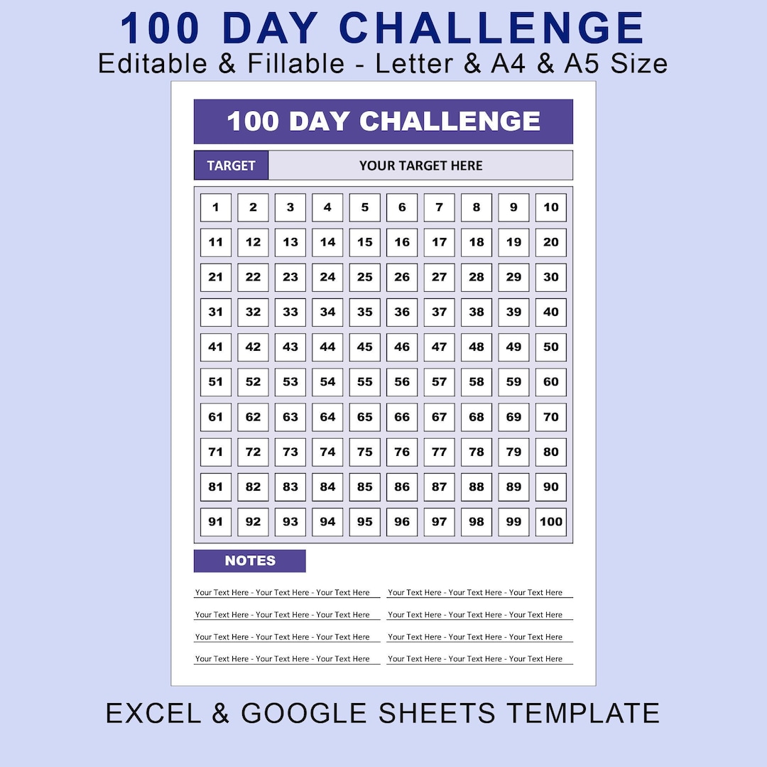 100 Day Challenge Printable Editable Fillable. Goal Setting Planer ...