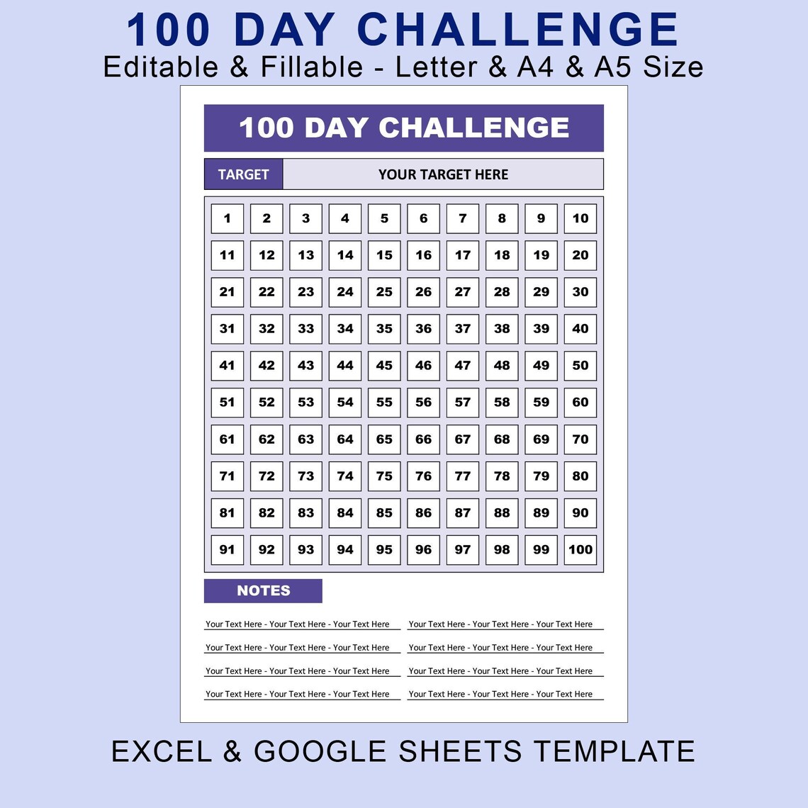 100 Day Challenge Printable Editable Fillable. Goal Setting Planer ...