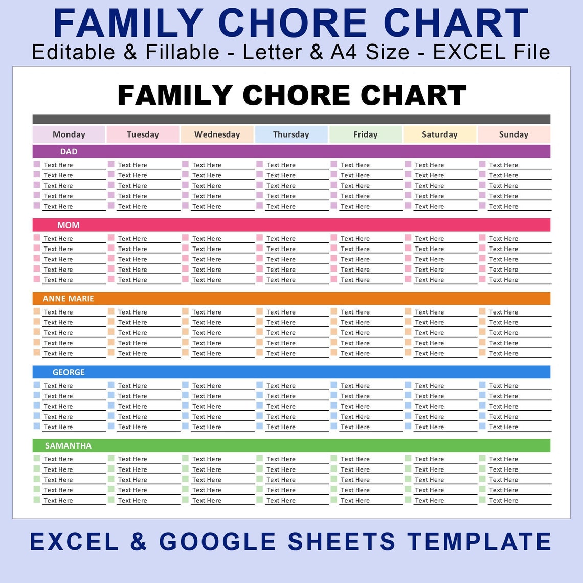 Family Chore Chart for EXCEL. Printable Editable Fillable. Weekly Chore ...