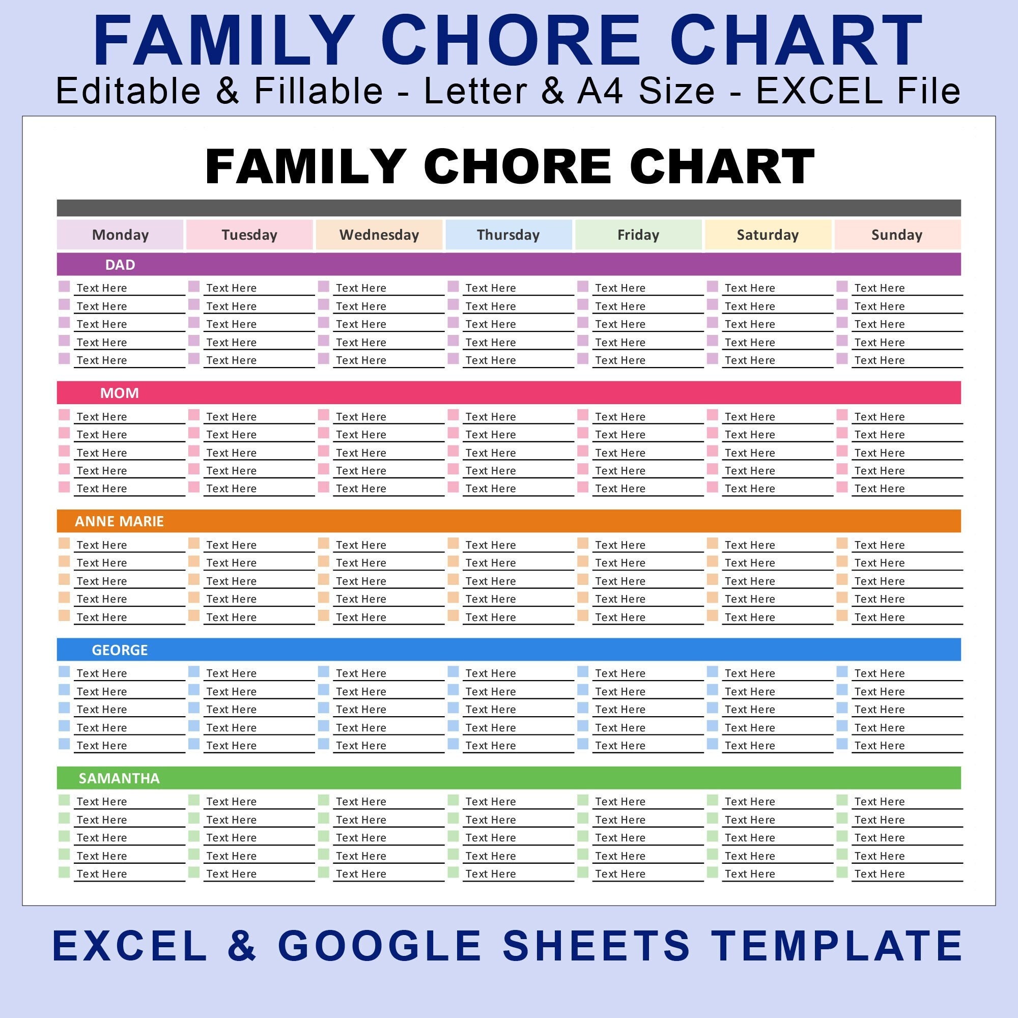 Family Chore Chart for EXCEL. Printable Editable Fillable. Weekly Chore ...