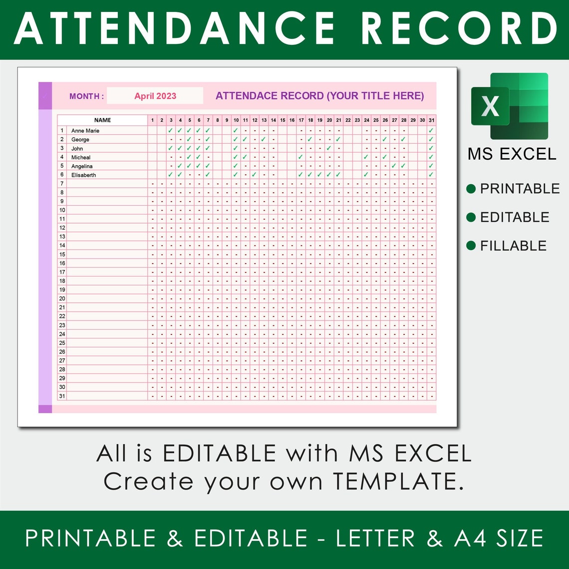 EXCEL Template: Attendance Record,attendance Log,attendance Track ...