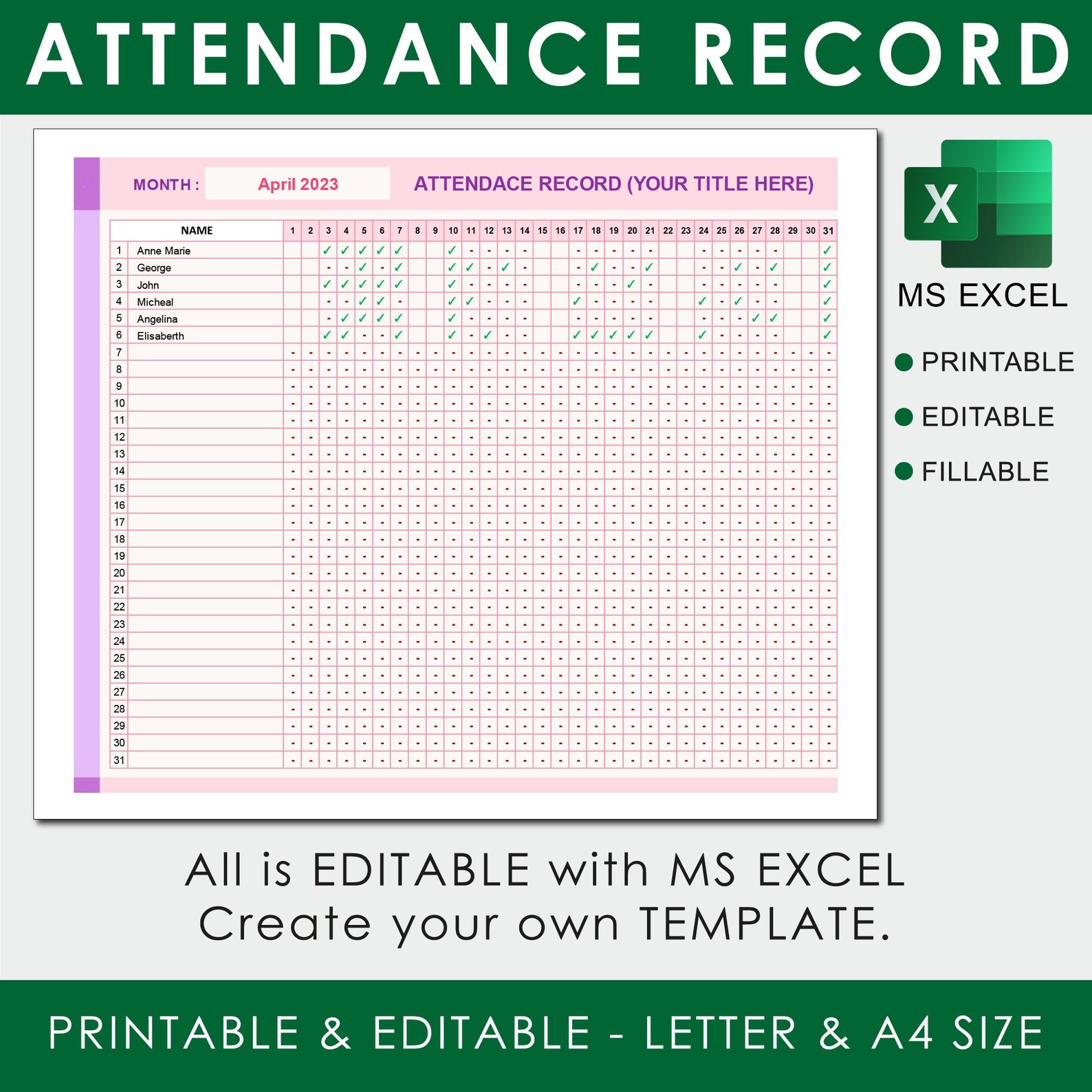 EXCEL Template: Attendance Record,attendance Log,attendance Track ...