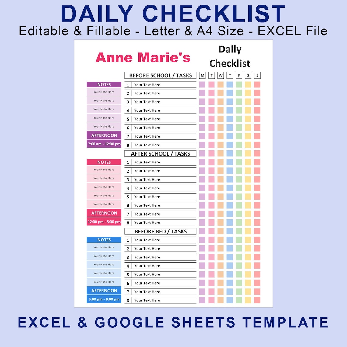 Editable Daily Checklist Template for KIDS. EXCEL Spreadsheet Template ...