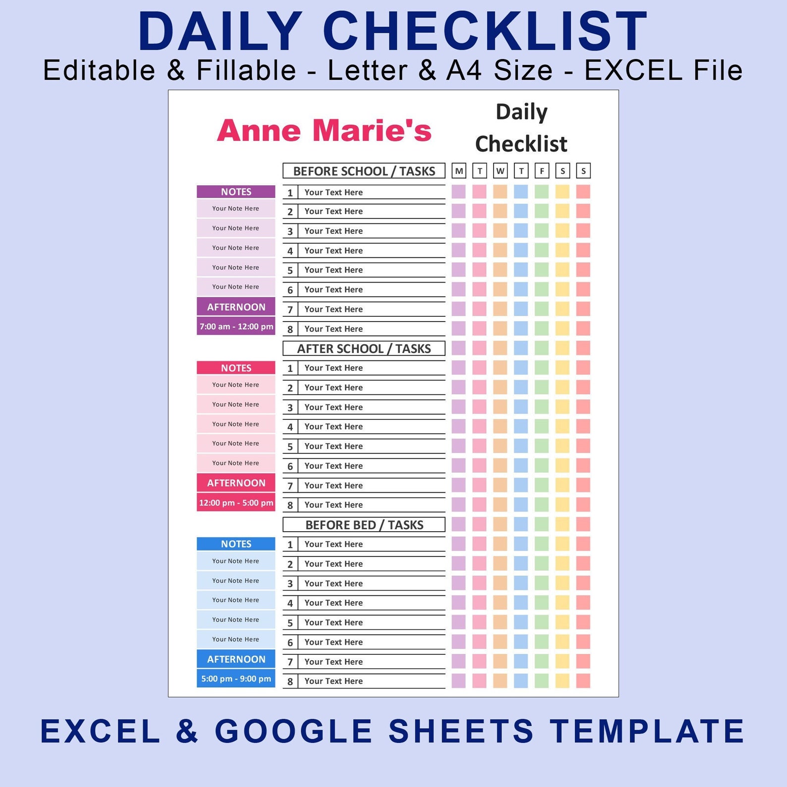 Editable Daily Checklist Template for KIDS. EXCEL Spreadsheet Template ...