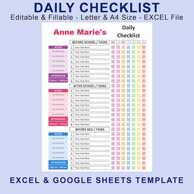 Editable Daily Checklist Template for KIDS. EXCEL Spreadsheet Template ...