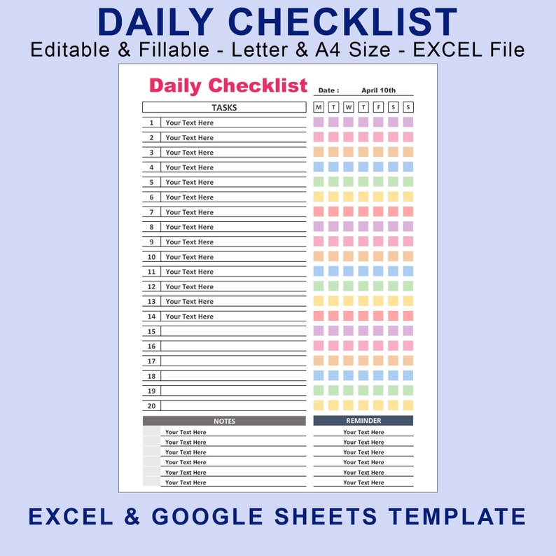 Daily Checklist Tasks for EXCEL. Printable Editable Fillable. Weekly ...