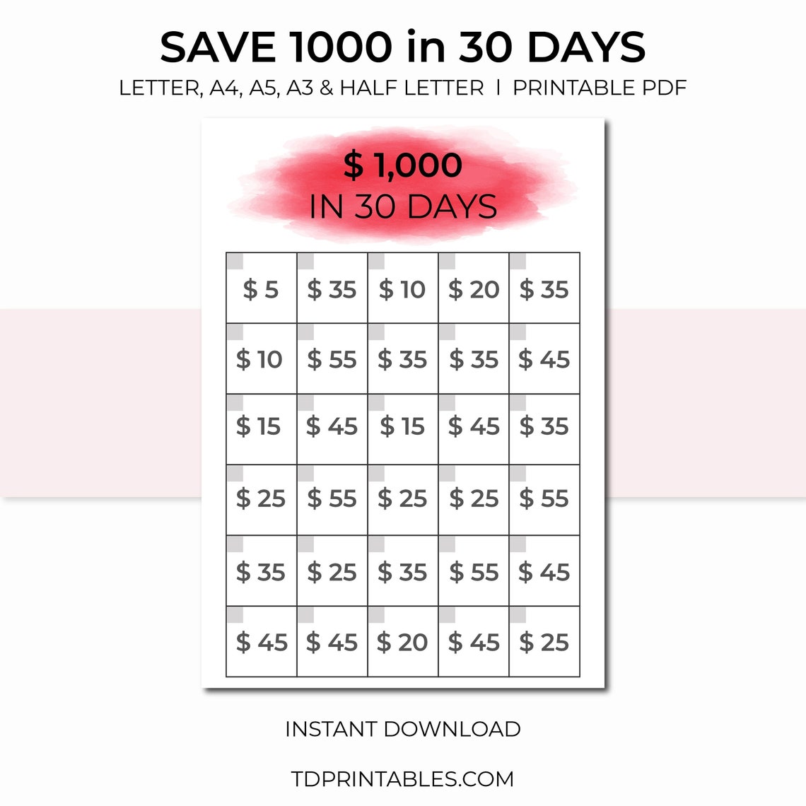 Money Saving Challenge Printable | Save 1000 in 30 Days! | Savings ...