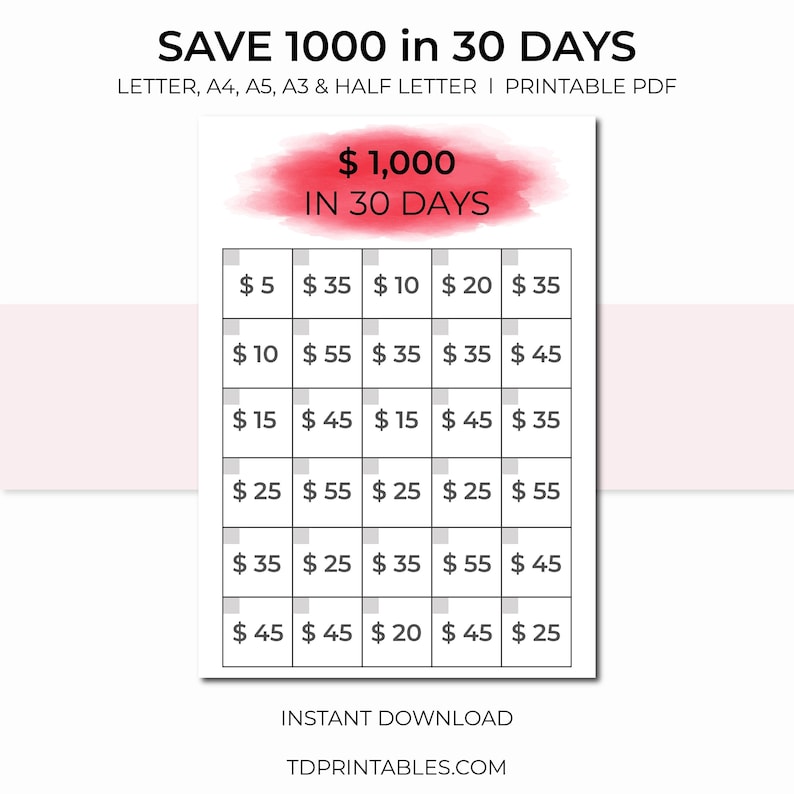 Money Saving Challenge Printable | Save 1000 in 30 Days! | Savings ...