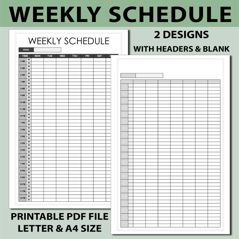 Black White Half Hourly Schedule Planner Printable,30 Min Hourly Day ...