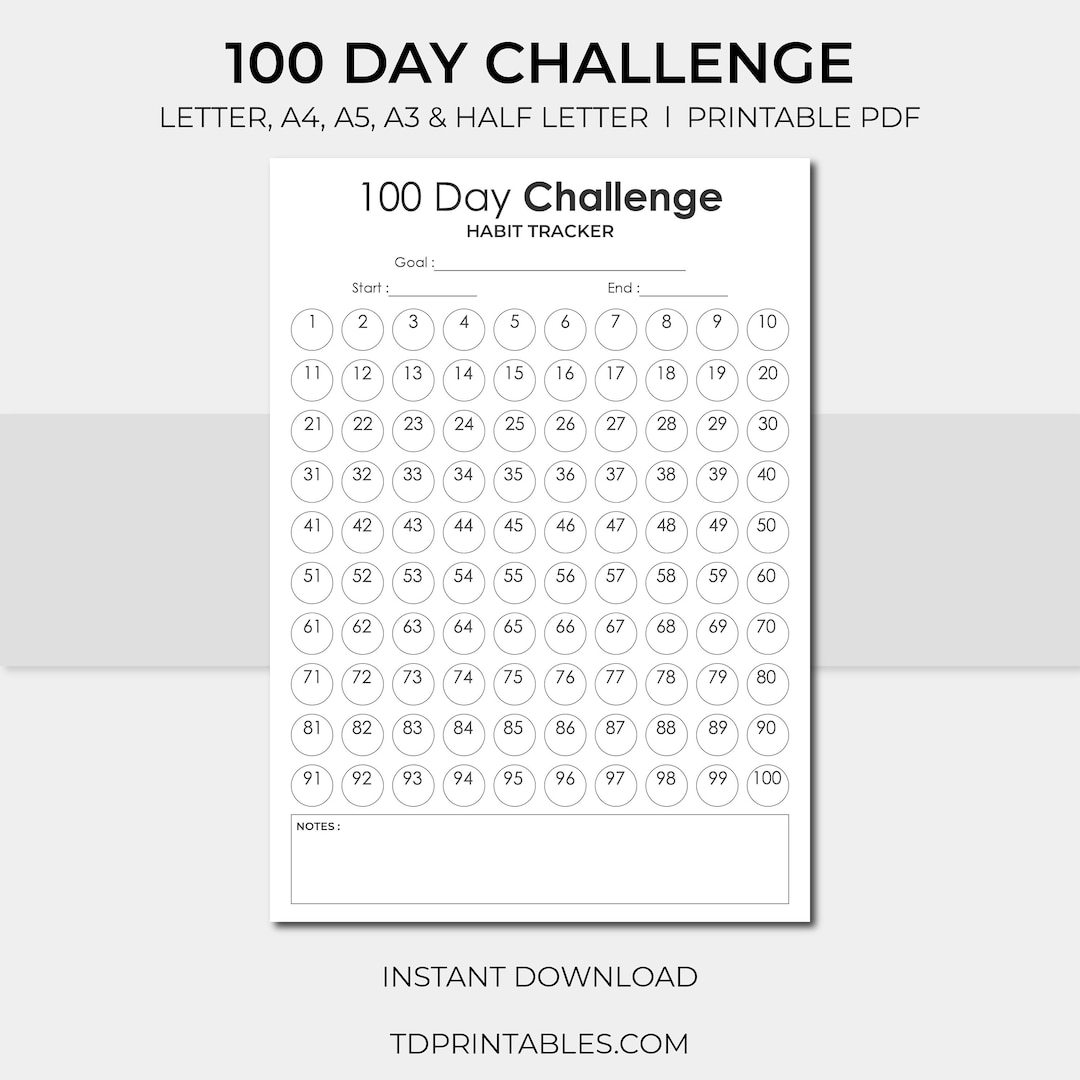 100 Day Challenge Tracker Template. Printable 100 Day Habit Challenge ...
