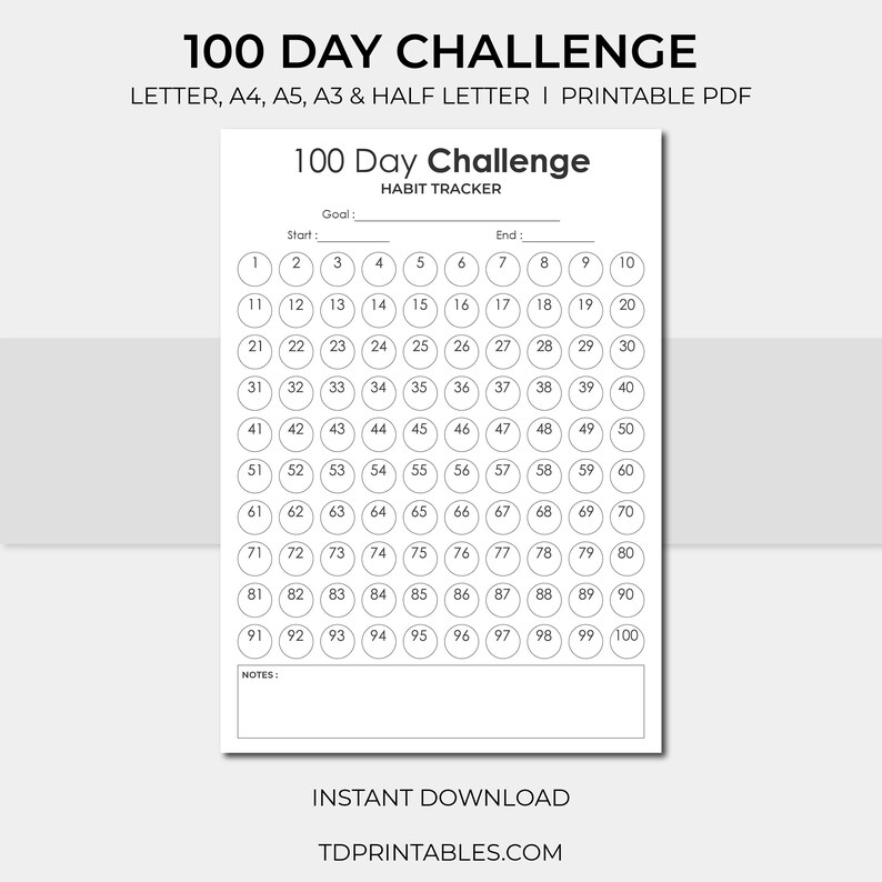 100 Day Challenge Tracker Template. Printable 100 Day Habit Challenge ...
