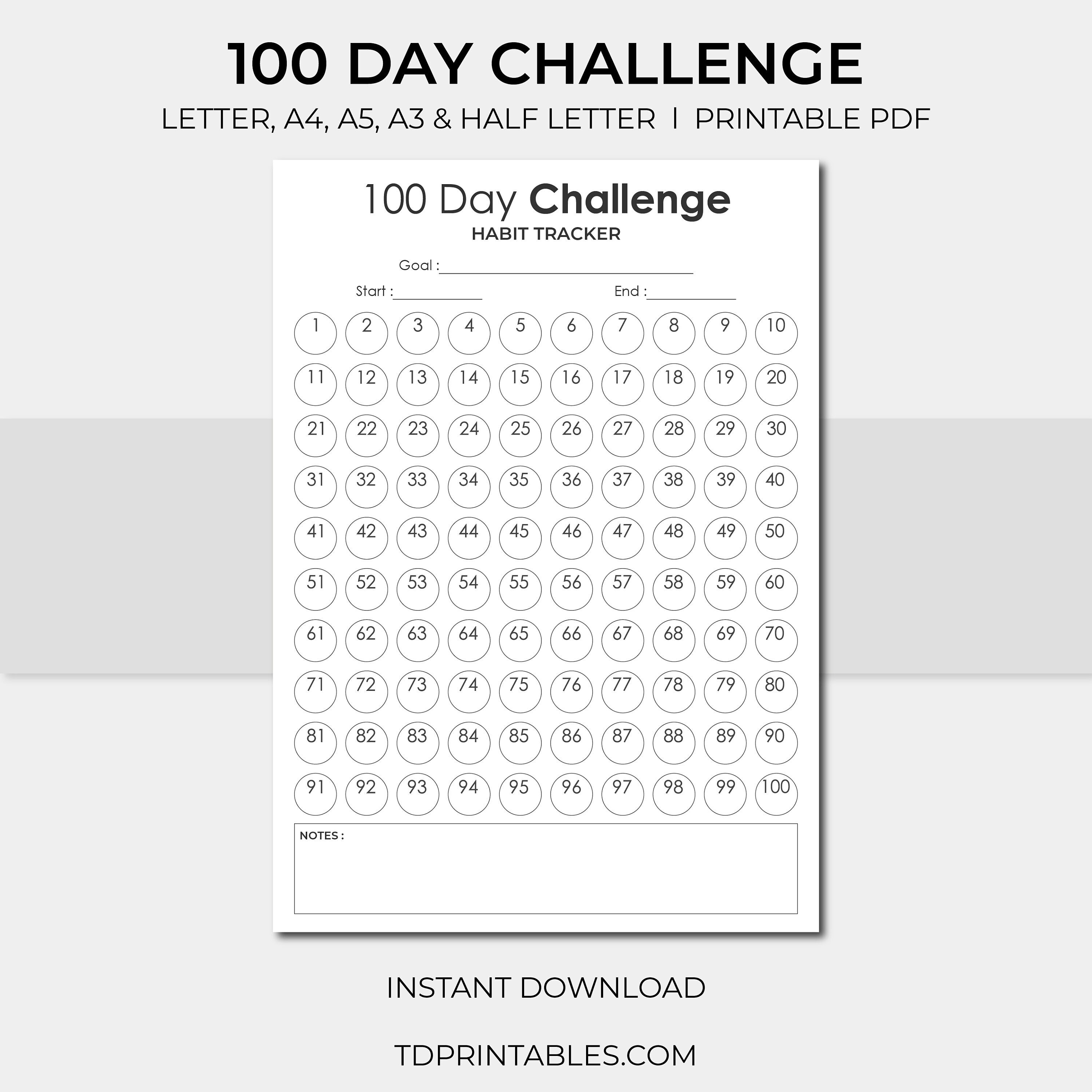 100 Day Challenge Tracker Template Printable 100 Day Habit Challenge Printable Habit Planner 