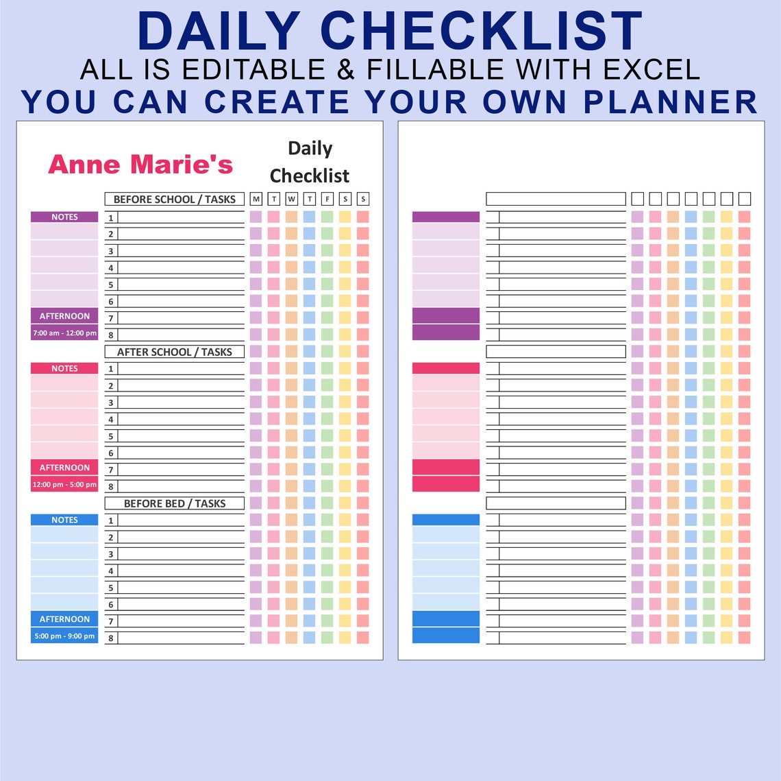 Editable Daily Checklist Template for KIDS. EXCEL Spreadsheet Template ...