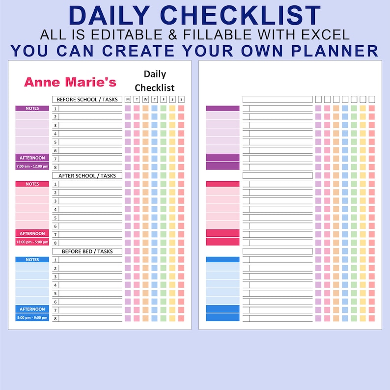 Editable Daily Checklist Template for KIDS. EXCEL Spreadsheet Template ...