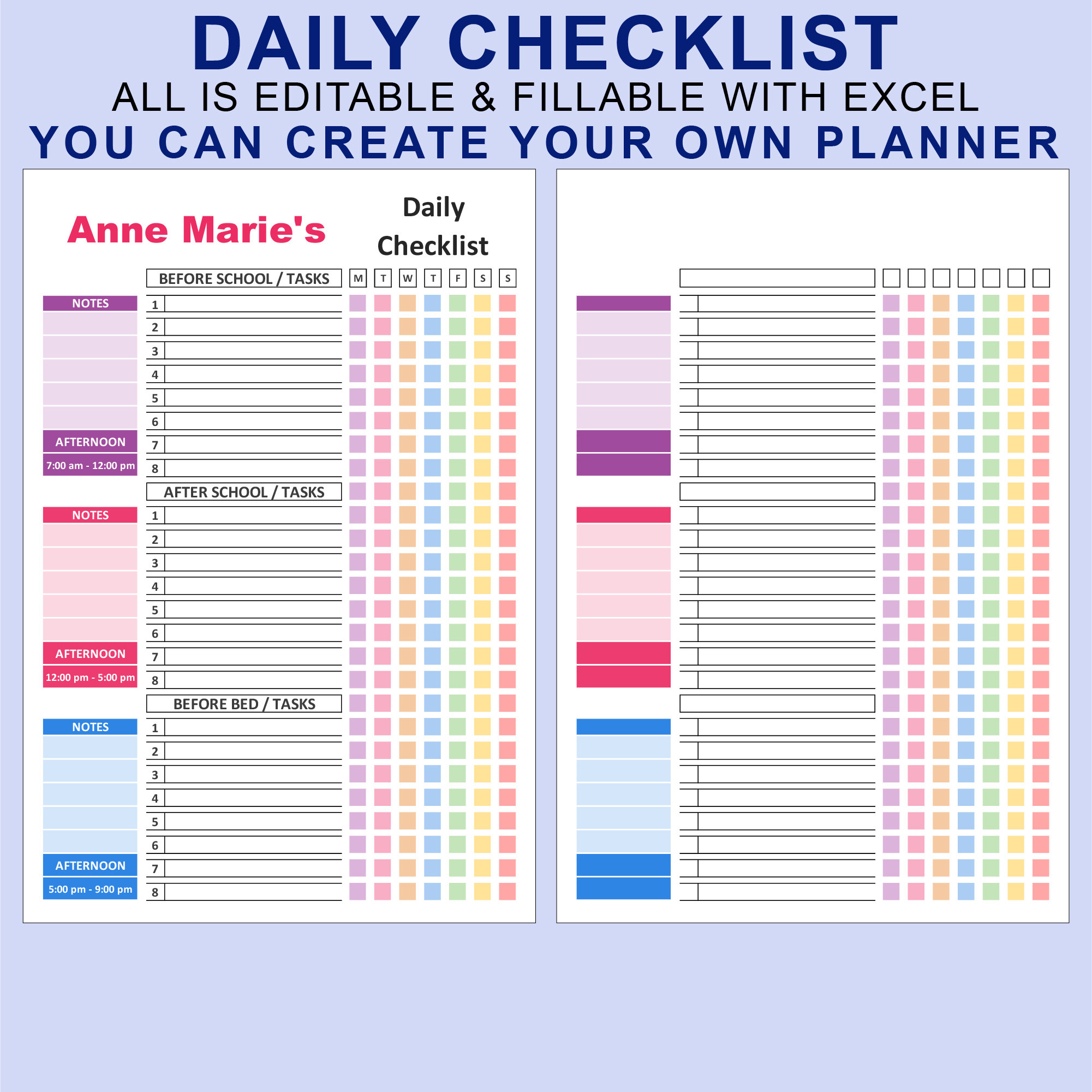 Editable Daily Checklist Template for KIDS. EXCEL Spreadsheet Template ...