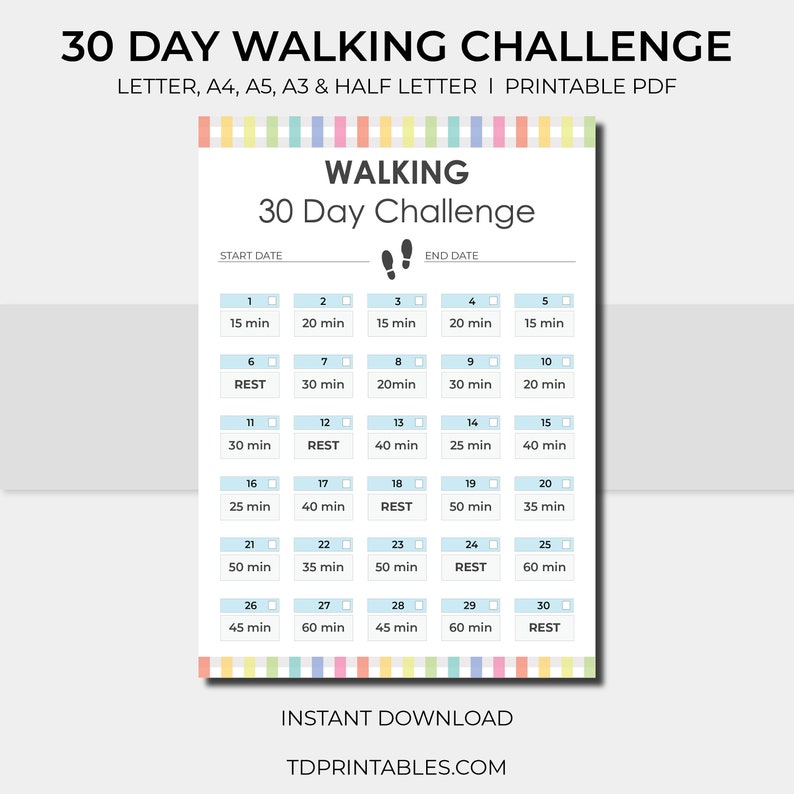 30 Day Walking Challenge | 30 Day Challenge Printable |30 Day Habit ...
