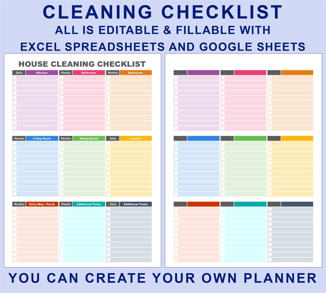 EXCEL Spreadsheet Template. Weekly Cleaning Checkllist. Daily Cleaning ...