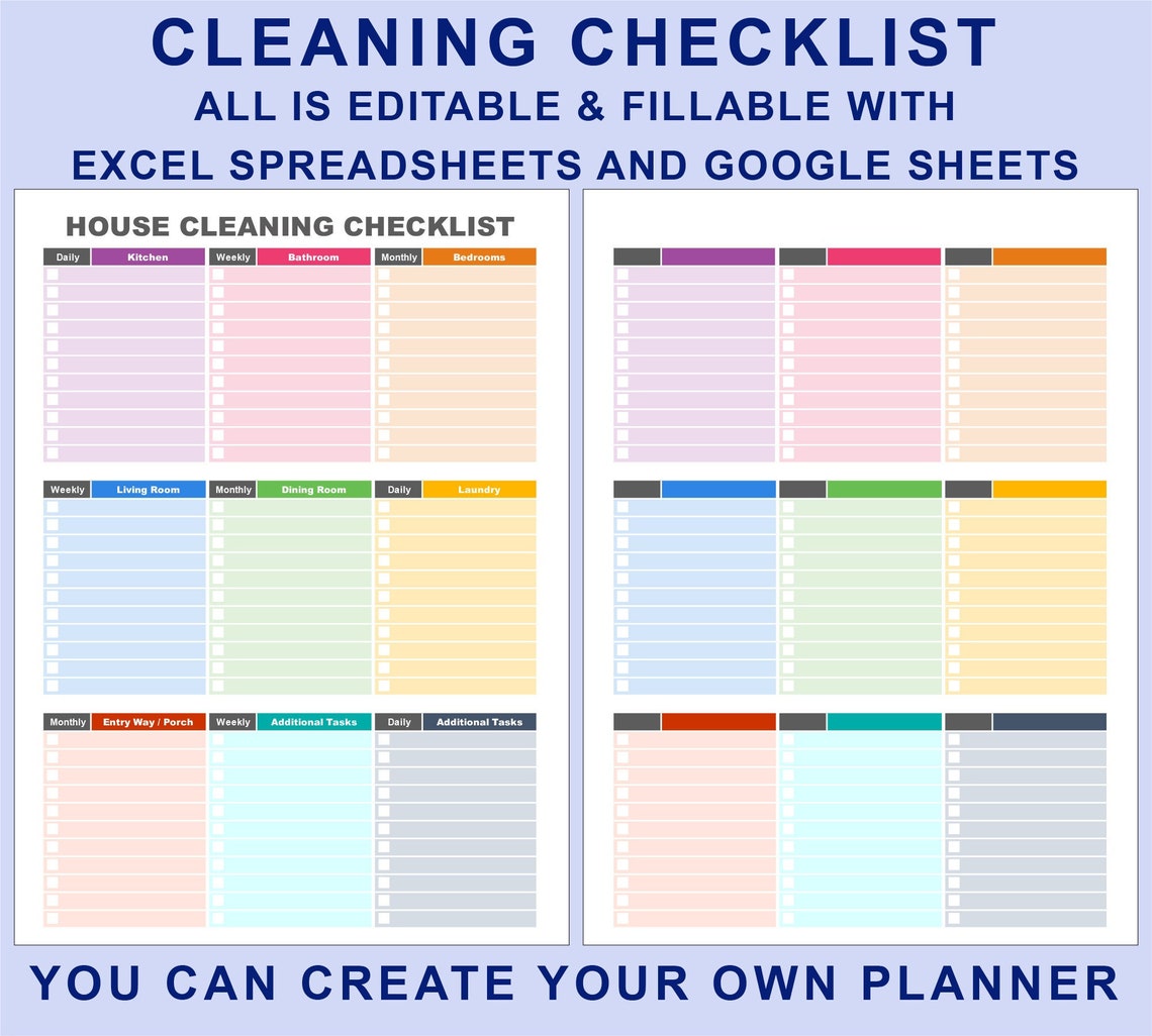 EXCEL Spreadsheet Template. Weekly Cleaning Checkllist. Daily Cleaning ...