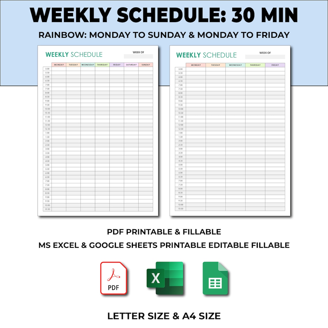 PDF Printable Editable Fillable: Weekly Half Hour Planner. Weekly ...