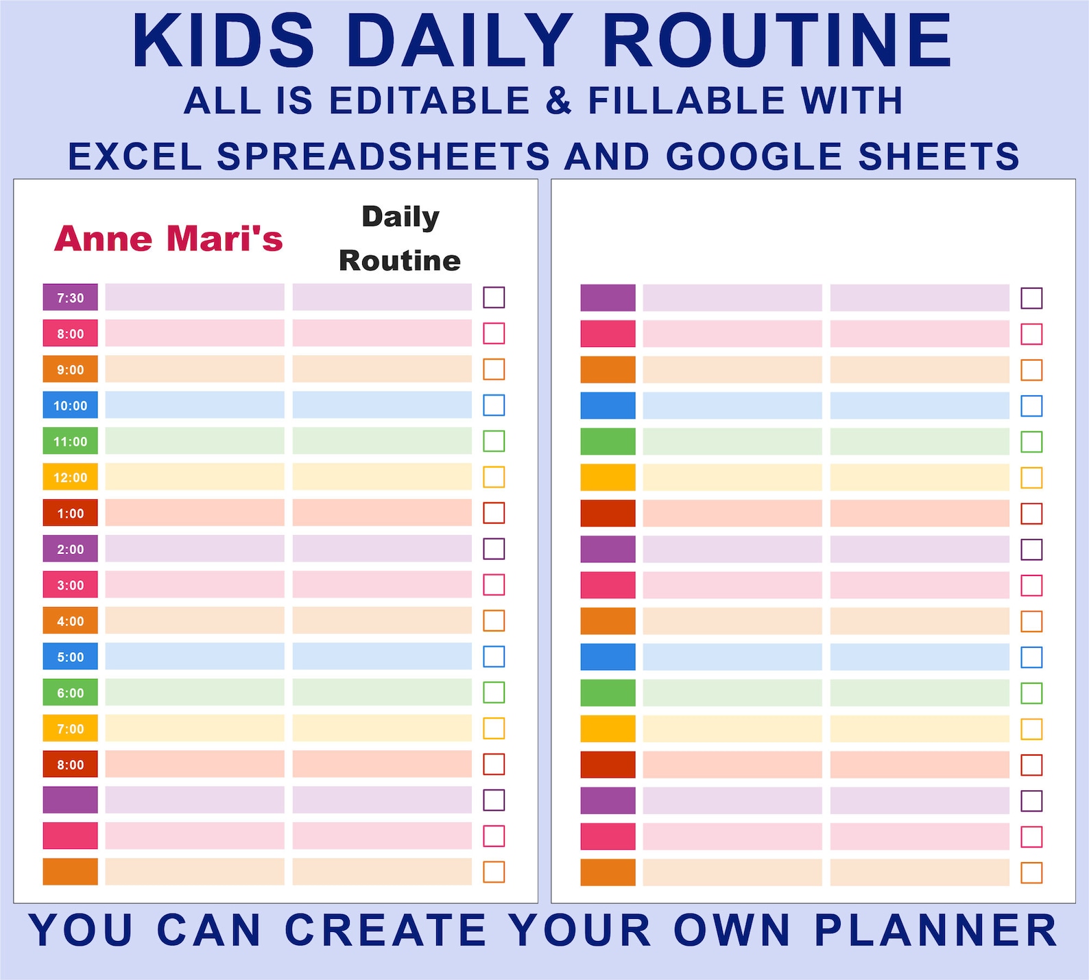 Editable Daily Routine Checklist Kids for EXCEL. Printable Fillable ...