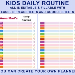 Editable Daily Routine Checklist Kids for EXCEL. Printable Fillable ...