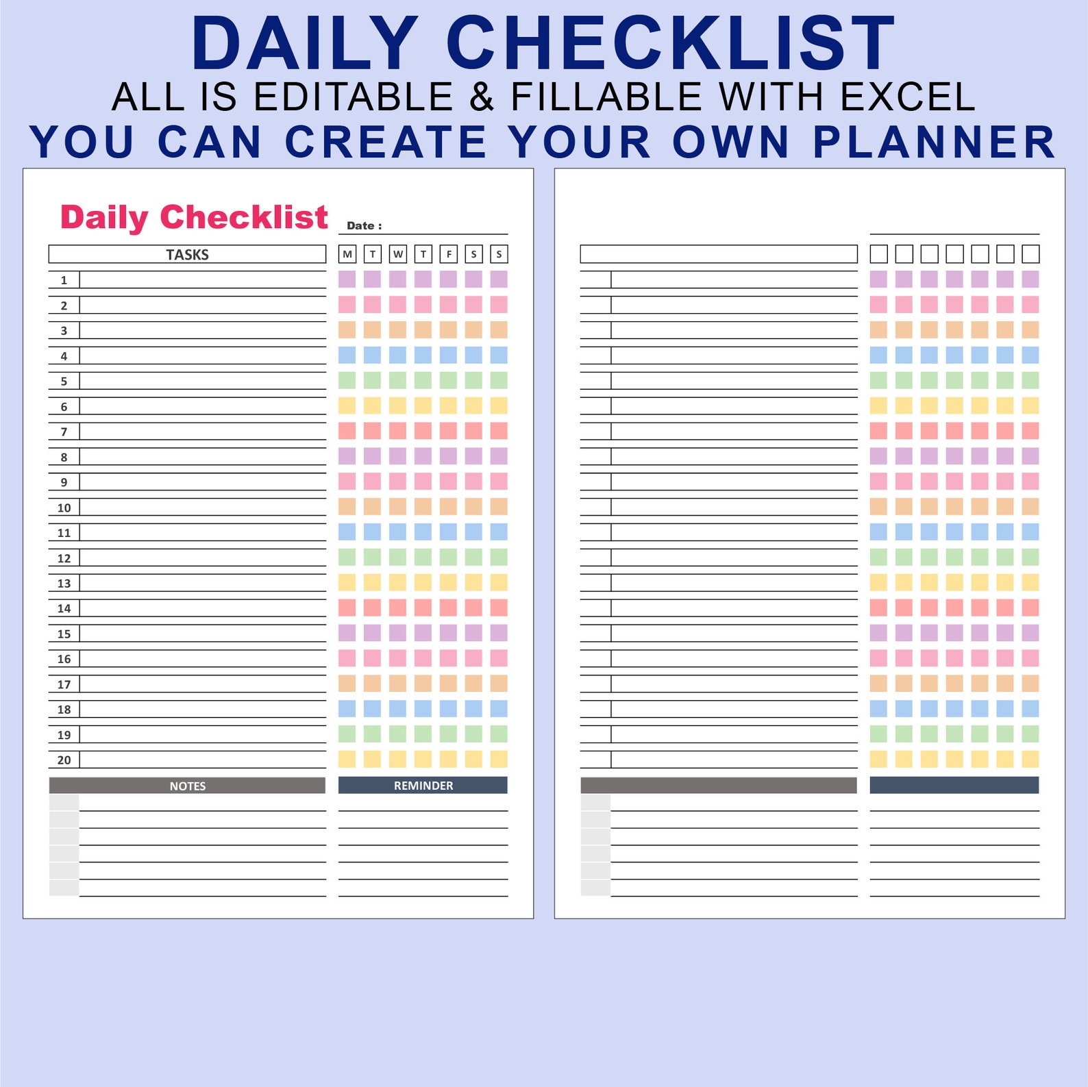 Daily Checklist Tasks for EXCEL. Printable Editable Fillable. Weekly ...