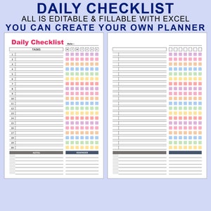 Daily Checklist Tasks for EXCEL. Printable Editable Fillable. Weekly ...