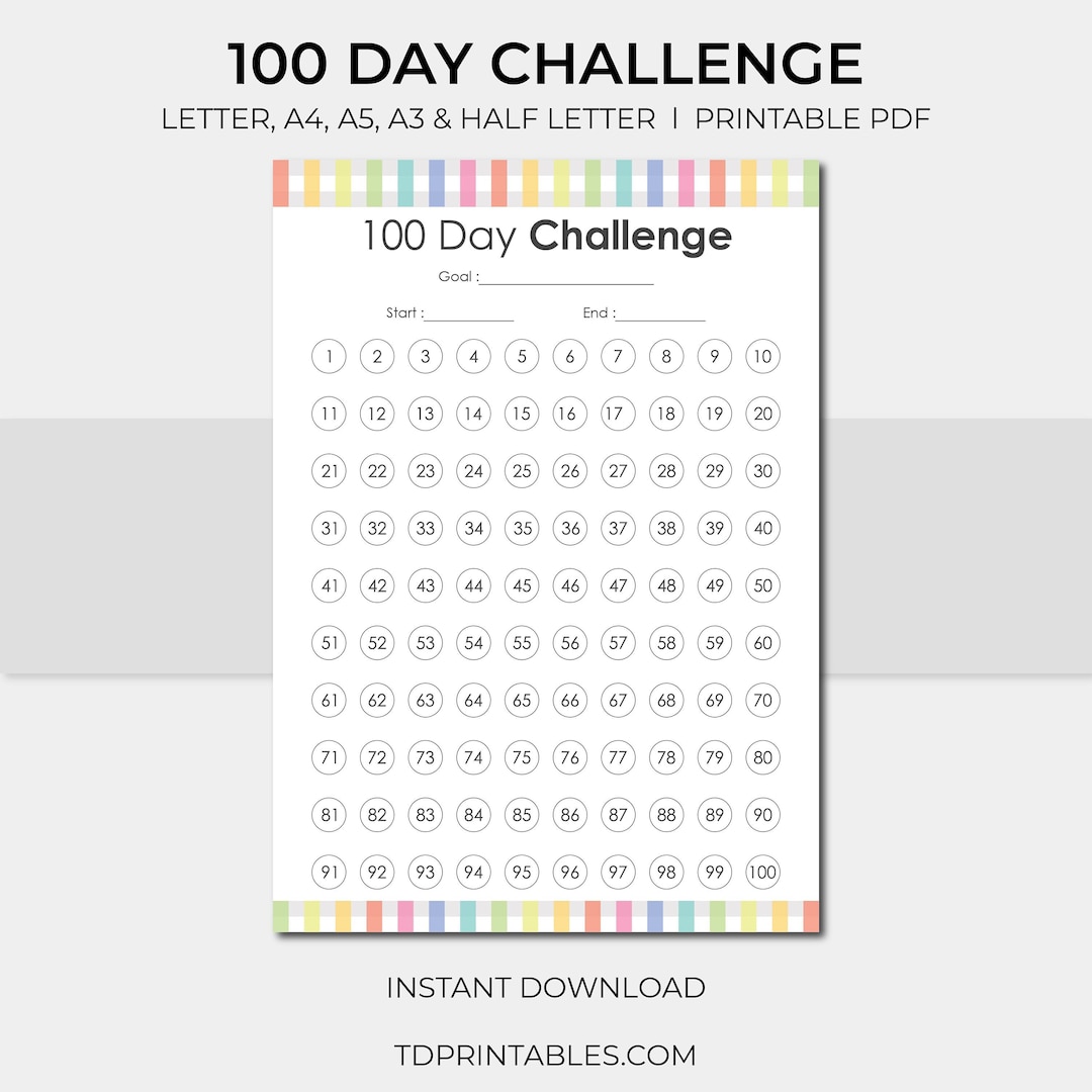100 Day Challenge Tracker Template. Printable 100 Day Challenge ...