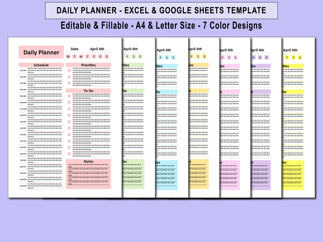 Printable Daily Planner Editable Fillable. EXCEL and Google Sheets ...