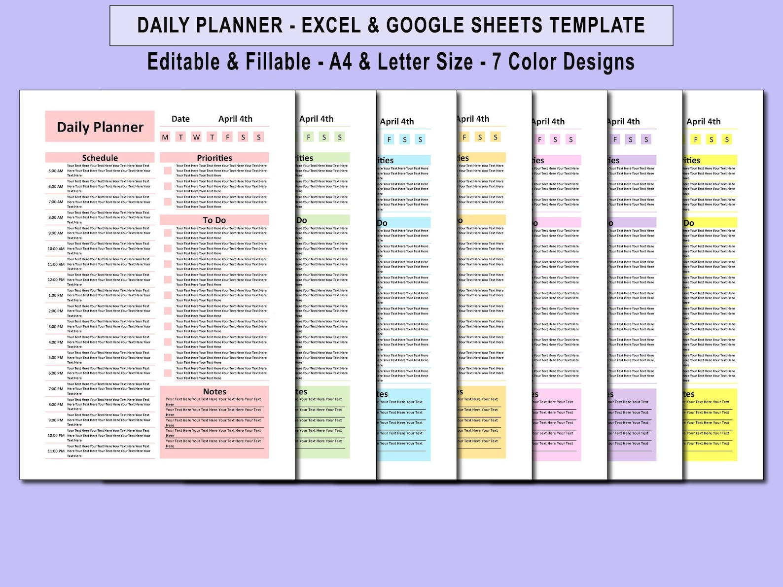 Printable Daily Planner Editable Fillable. EXCEL and Google Sheets ...