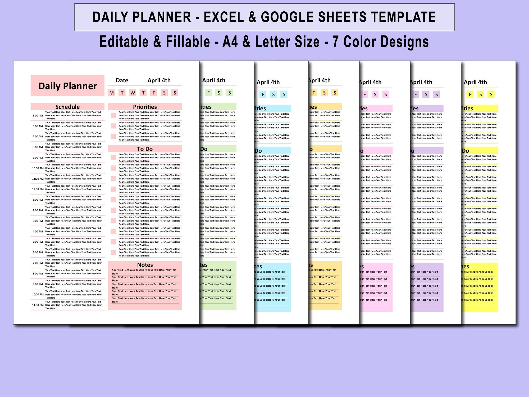 Printable Daily Planner Editable Fillable. EXCEL and Google Sheets ...