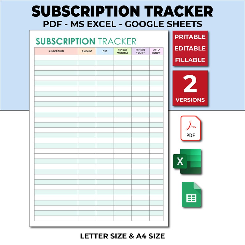 PDF Printable Editable Fillable Subscription Tracker Printable. Rainbow ...