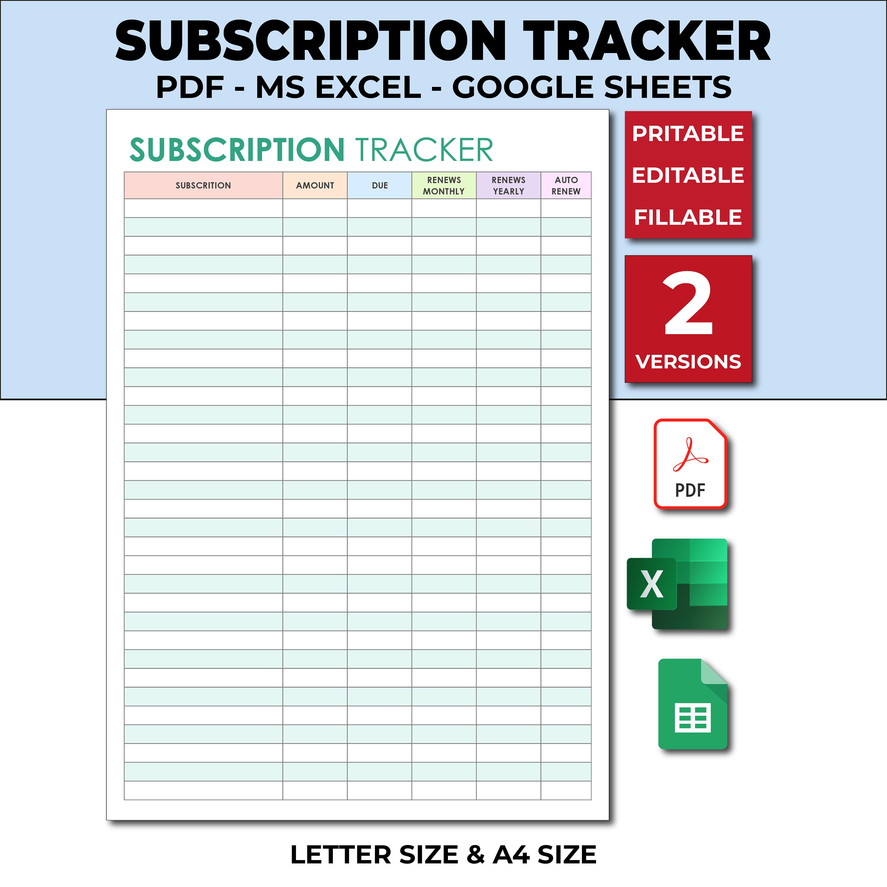 PDF Printable Editable Fillable Subscription Tracker Printable. Rainbow ...