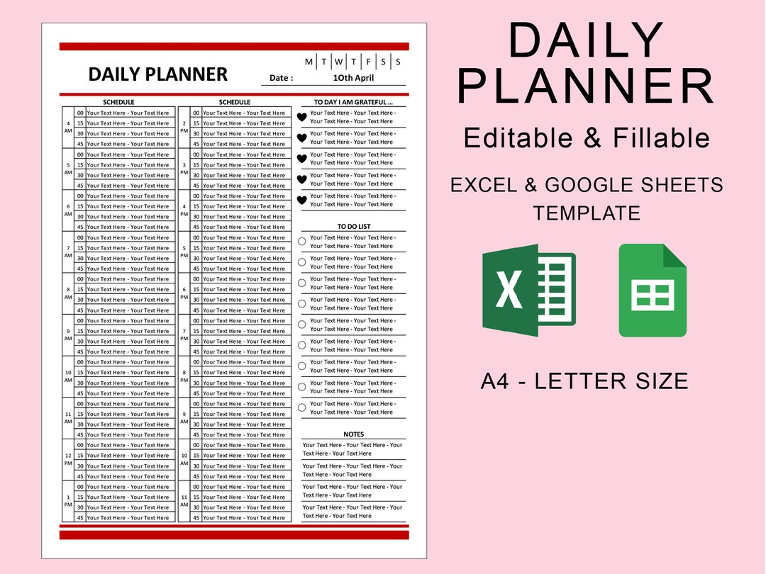 15 Minutes Daily Hourly Planner Editable Fillable. Time Appointment ...