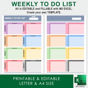 EXCEL Spreadsheet Template: to Do List Printable, to Do List Edtiable ...