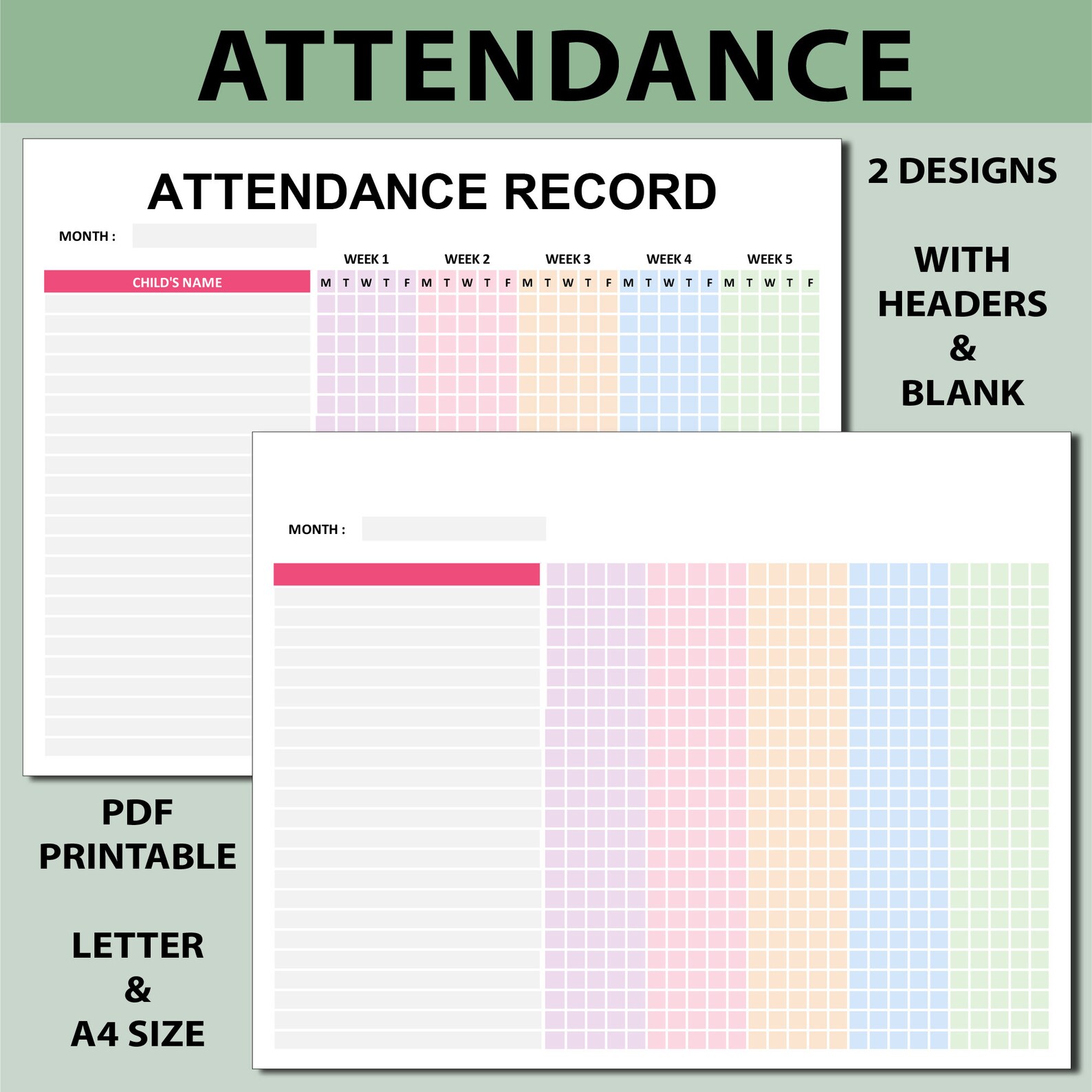 Pastel Colors Student Attendance Trackers (5 Weeks) Printable, Daycares ...