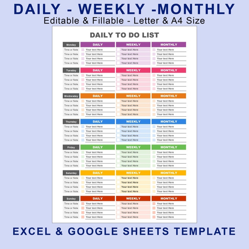 Daily Weekly Monthly to Do List Planner Editable Fillable Printable ...